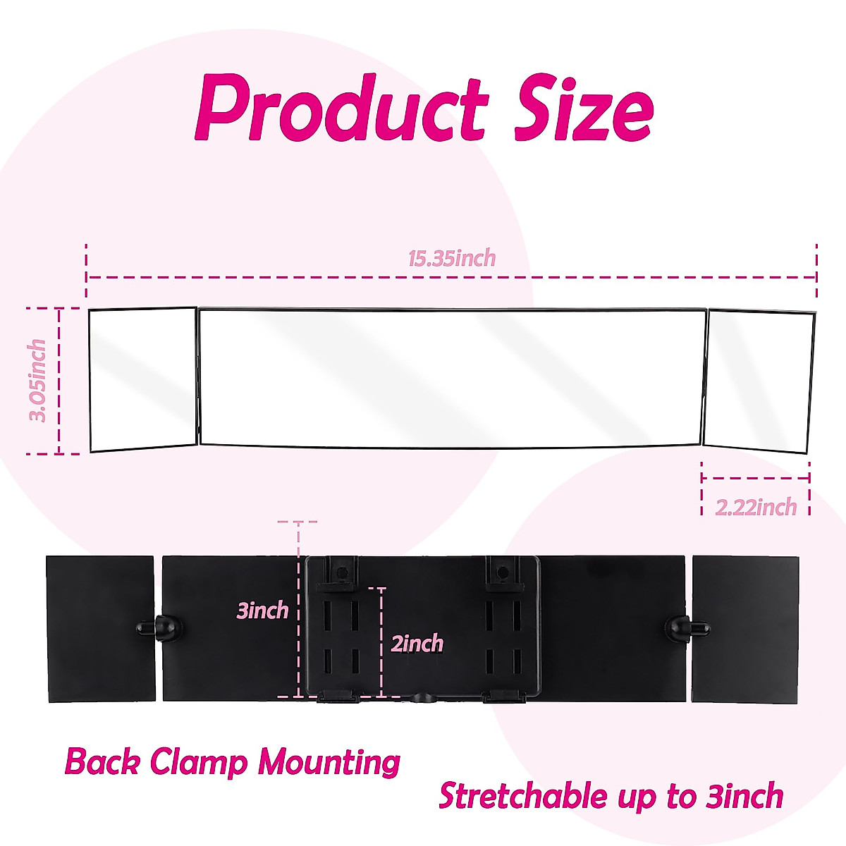 Car Rear View Mirror,15 Inch HD Triple Fold Panoramic Rear View Mirror Extender,Adjustable Wide Angle Car Mirror,Universal Car Interior Accessories for Car Truck SUV Vans