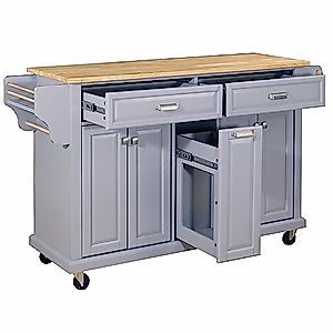 LKTART 51'' Mobile Kitchen Island Extensible 60.5''Solid Wood Table Top with 3 Drawers 4 Doors Spice Rack Towel Rack Movable on Wheels Kitchen Island for Kitchen