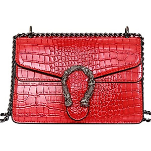 GLOD JORLEE Women's Fashion Chain Crossbody Shoulder Bags - Classic Stone Crocodile Pattern Leather Square Flap Handbags Satchel Purse (Red)