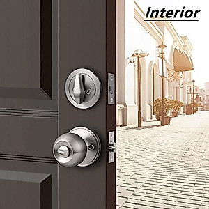 Probrico Satin Nickel Entry Door Knob and Single Cylinder Deadbolt Combo Pack, Keyed Alike Lock Set Handleset Exterior Hardware(for Entry and Front Door),2 Set