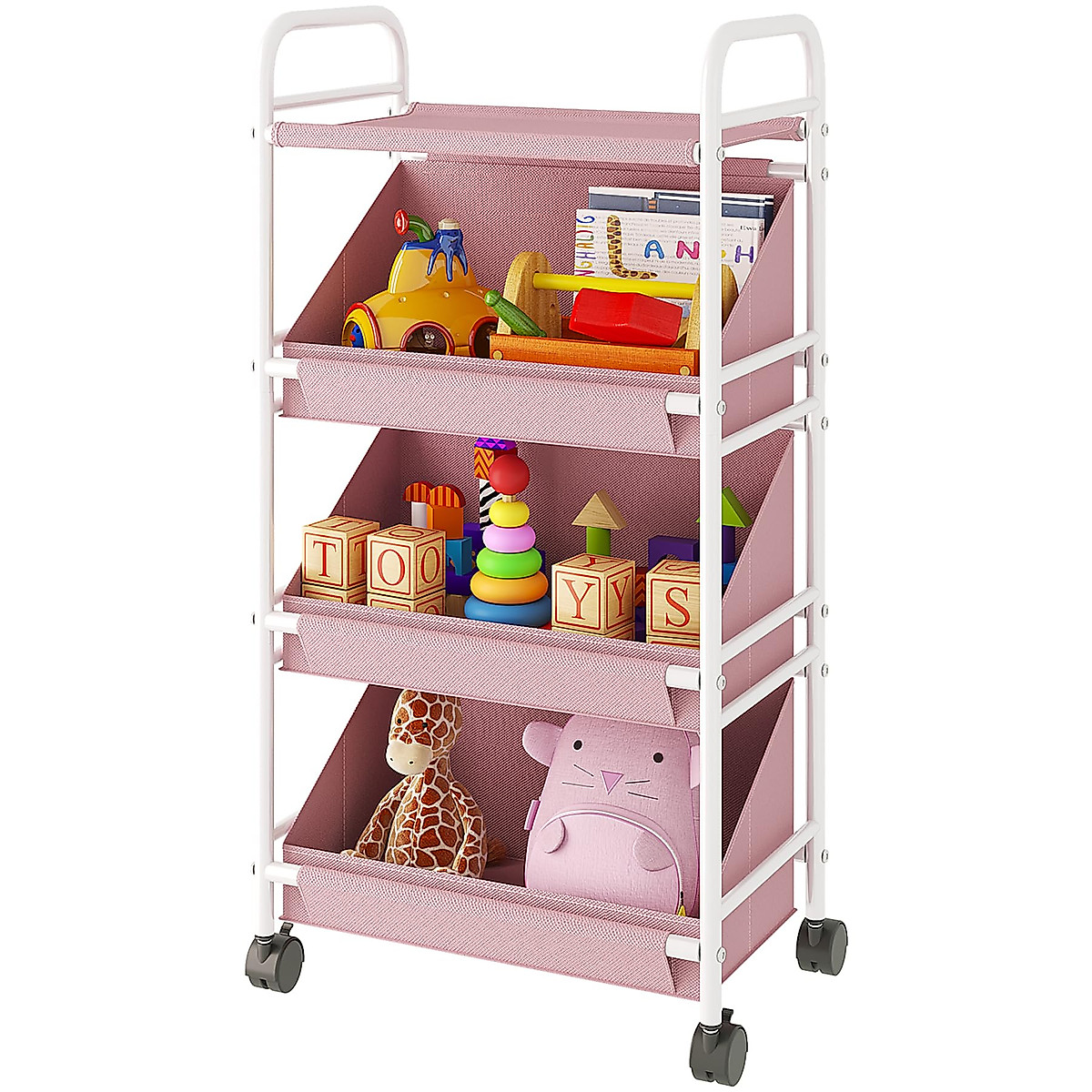 Buzowruil Utility Rolling Fabric Storage Rack Trolley Toy Rack Storage Cart Trolley with 3 Large Storage Boxes，Wheels, Suitable for Bedroom, Living Room, Entryway, Pink