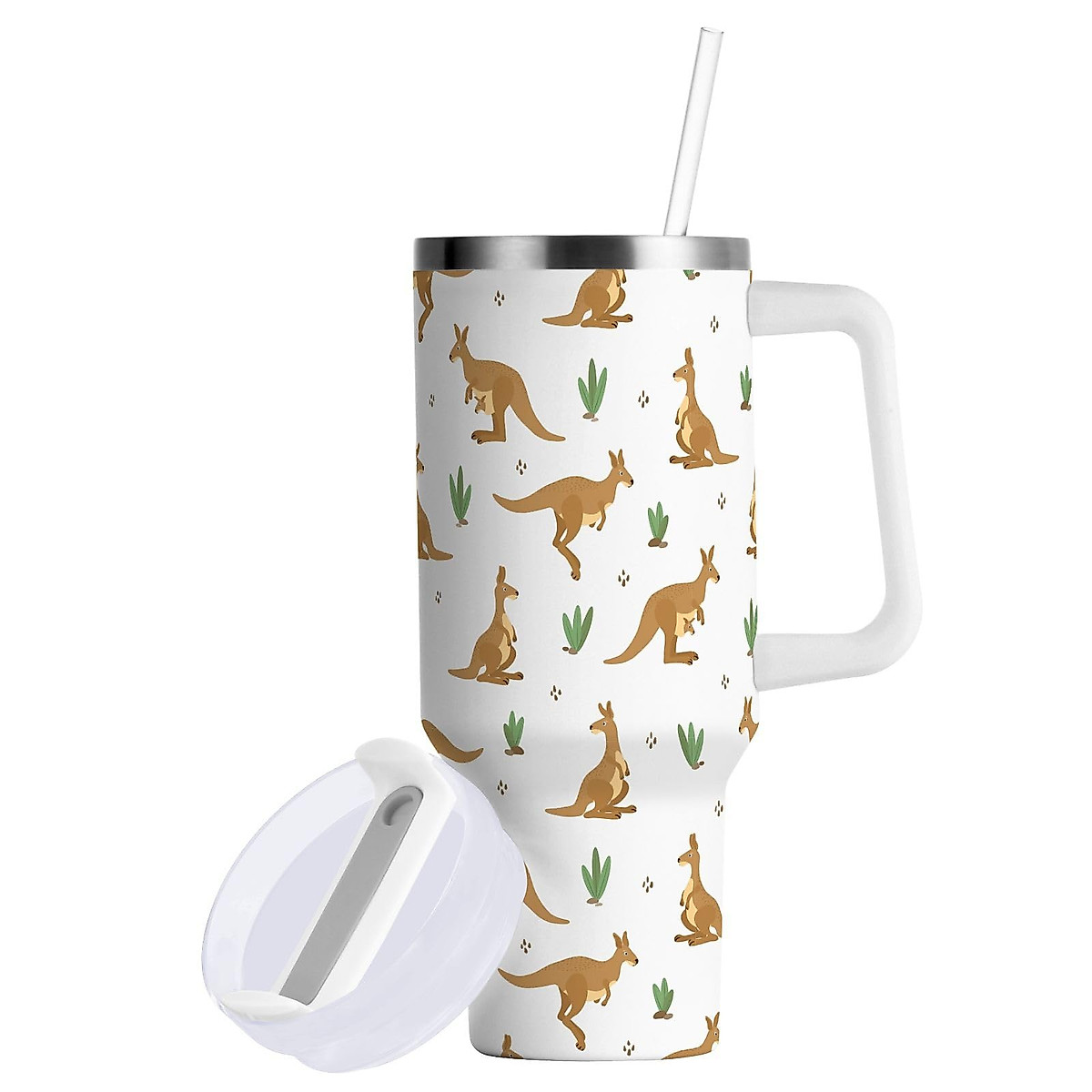 IHCVHQX Tumbler With Handle and Straw 30oz Kangaroo Cute Insulated Tumbler Cups Stainless Steel Travel Coffee Mug