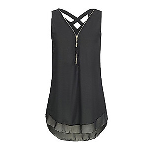 YOMXL Womens Cross Back Tank Vest Casual Tunic Tops Sleeveless V Neck Cuffed Pleated Zip Up Chiffon Tops Black