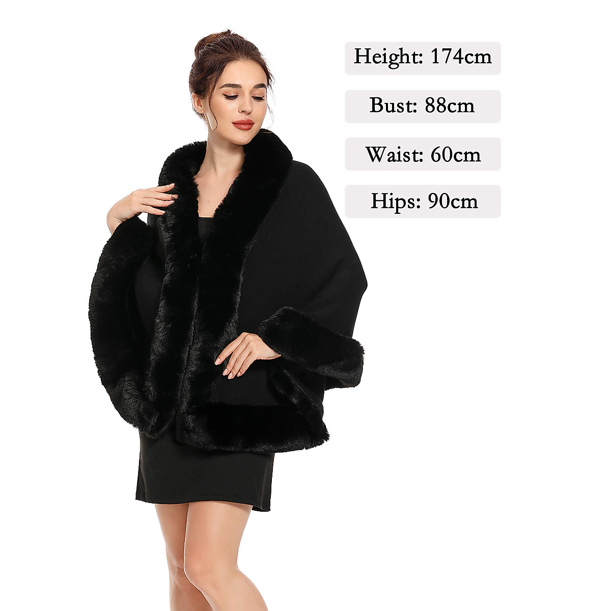 ZLYC Women Winter Faux Fur Shawl Stole Warm Wrap Cape (Black)