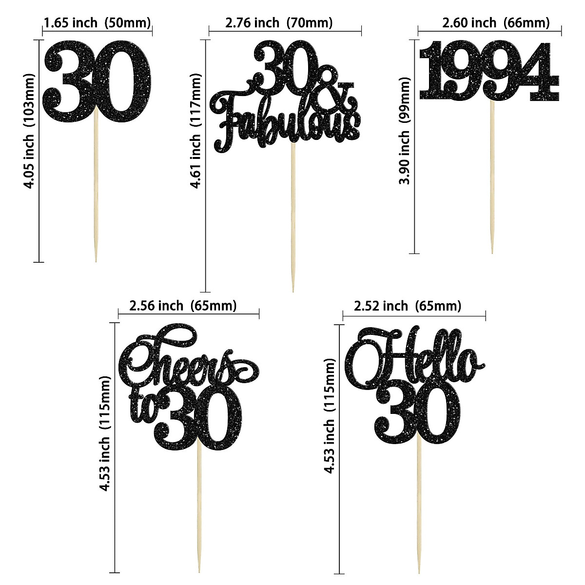 Gyufise 30Pcs 30th Birthday Cupcake Toppers Glitter Hello 30 Cupcake Topper Cheers to 30 1994 Thirty Cupcake Picks for Happy 30th Birthday Anniversary Party Cake Decorations Black