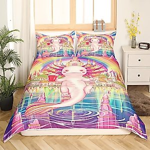 Feelyou Cartoon Axolotl Duvet Cover Ocean Animal Bedding Set for Kids Boys Girls Rainbow Castle Comforter Cover Cute Sea Animal Bedspread Cover with 1 Pillowcase 2Pcs Bedding Toddler,No Comforter