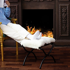 WELL-STRONG 15" Folding Foot stool, Small Accent Foot Rest, Faux Fur Elegant Foldable Ottoman with Metal Frame, Upholstered Morden Folding Footstool for Home Living Room Bedroom Washable Beige