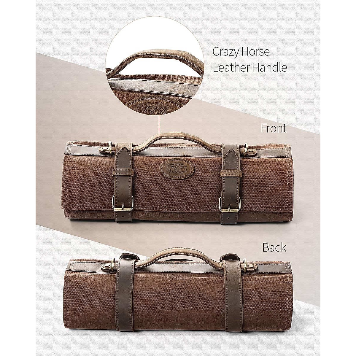 XINZUO Chef Knife Roll Bag-Professional Chef Knife Case-16oz Waxed Canvas and Crazy Horse Leather -With 12 Slots Plus 2 Zipper Pockets to Hold Kitchen Cooking Tools-Travel Tool Roll Pouch(Bag Only)