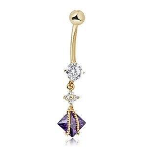 AVORA 10K Yellow Gold Purple Square-cut Simulated Diamond CZ Flower Dangling Belly Button Ring Body Jewelry (14 Gauge)
