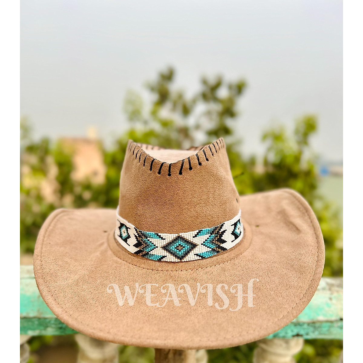 Weavish Beaded Hatband Native American Style Southwestern Cowboy Rode Handmade Head/Hat Band Collection [ ] (White,turquoise)