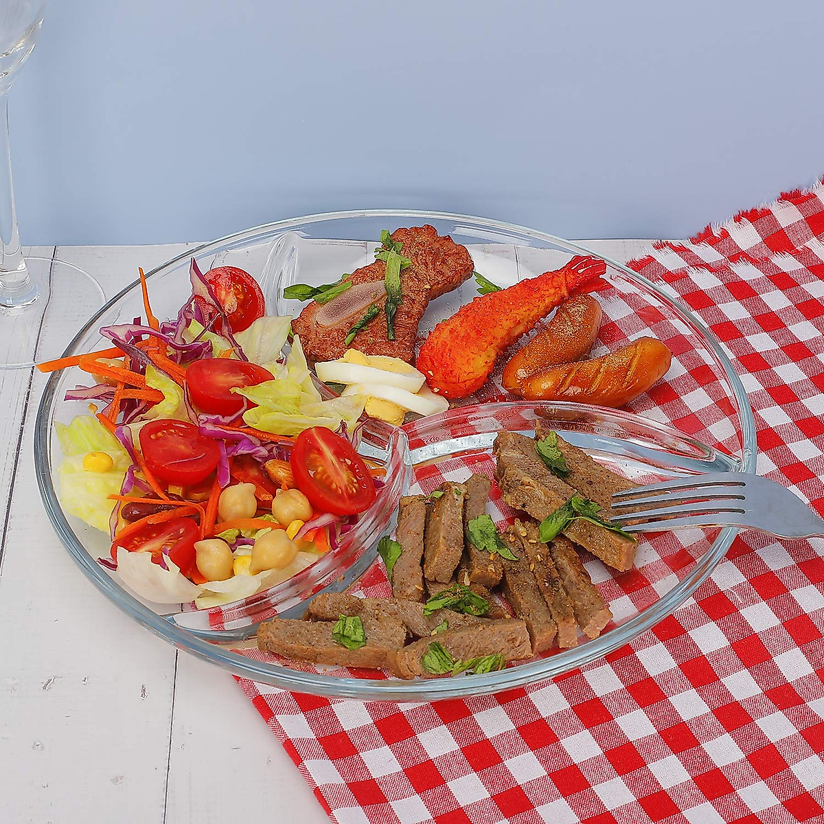 FOYO Round Tempered Glass Serving Platters/Trays - 3 Sectional -10'' Diameter, Set of 2