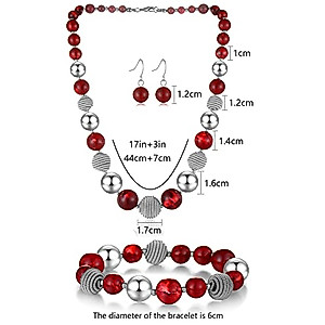 PEARL&CLUB Beaded Chunky Statement Necklace Earring and Bracelet Set Silver Metal Bead Fashion Jewelry Set Mothers’ Day Gifts for Women (Red)