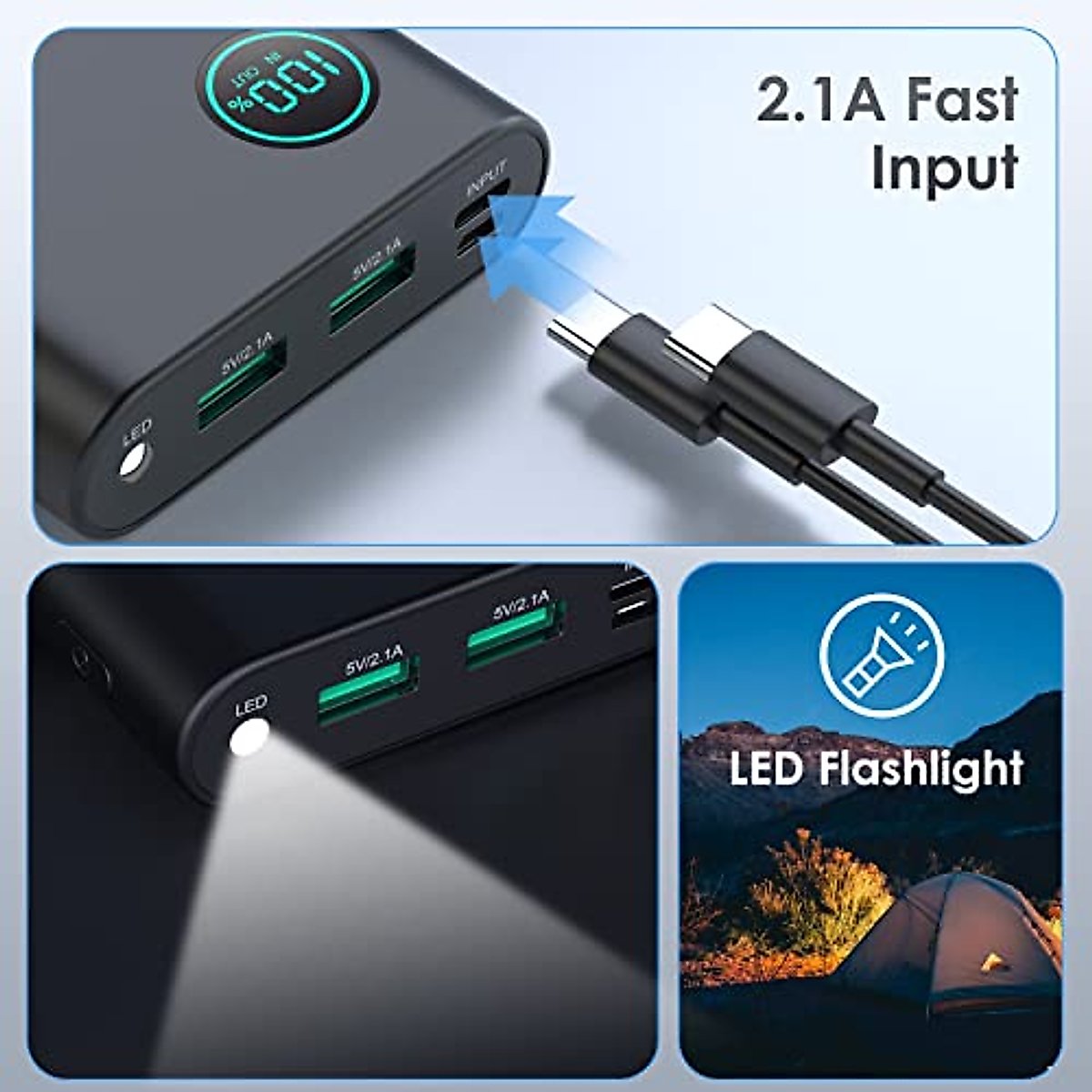 Portable Charger 10800mAh, Smallest LED Display Power Bank, Dual Output USB C Input High-speed Charging Battery Pack with Flashlight Compatible with iPhone 13 12 11 Pro Max X Samsung Galaxy iPad