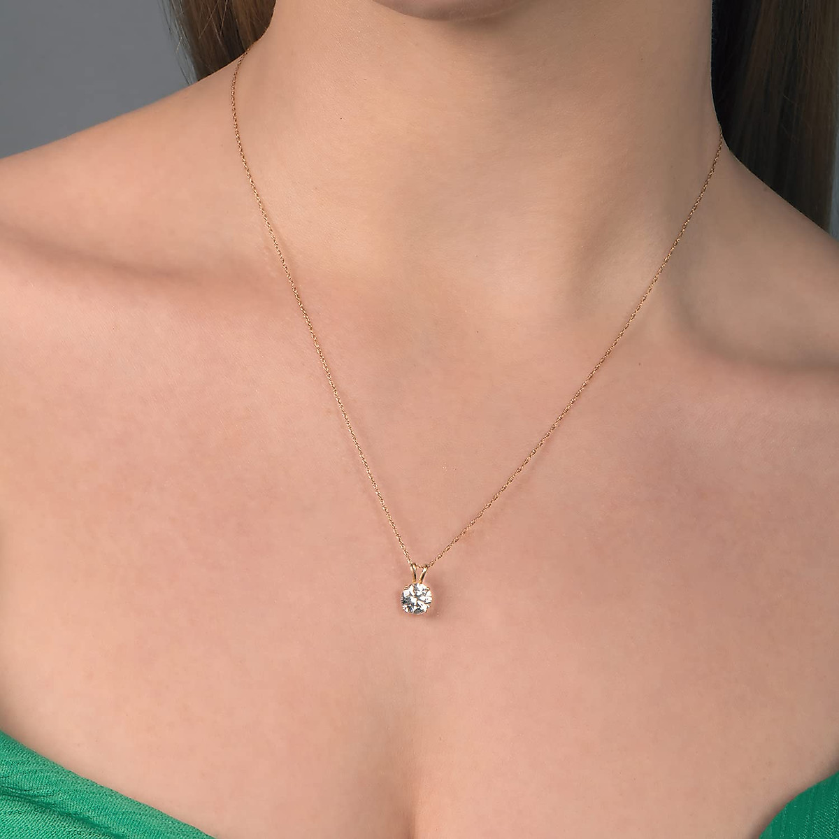 Jewelili 10K Yellow Gold 6.5mm Cubic Zirconia Solitaire Pendant Necklace, 18" Rope Chain