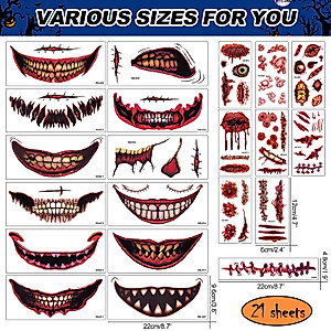 75+ PCS 21 Sheets Halloween Prank Makeup Temporary Tattoos, Horror Clown Face Tattoos, Face Decals Fake Tattoos for Adults and Kids, Zombie Makeup Scar Cosplay Halloween Tattoos for Party Halloween
