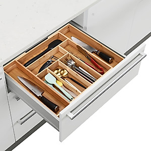 KITCHTIC Expandable Bamboo Drawer Organizer for Utensils, Cutlery, Silverware, Flatware, Knives for Kitchen - Wooden Cabinet Drawers Dividers for Spoon, Fork, Knife - Adjustable to any Size