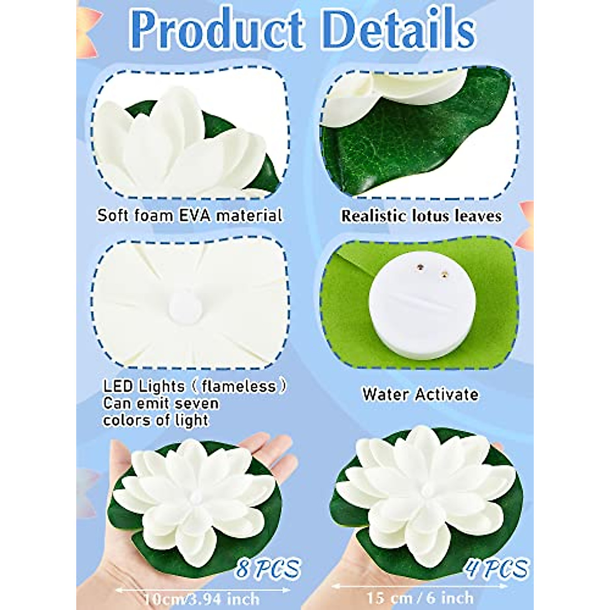 12 Pcs Floating Pool Lights Lotus Floating Lanterns LED Lifelike Floating Lamp Battery Operated Lily Pad Flower Candle Fun Pool Accessories for Pond Decor, Yellow Light (White, 3.94/5.91 Inch)