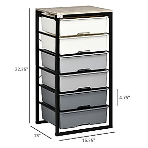 HOMCOM Dresser Storage Drawers with 6 Plastic Bins and Steel Frame, Crafting Bins for Living Room, Bedroom, Grey