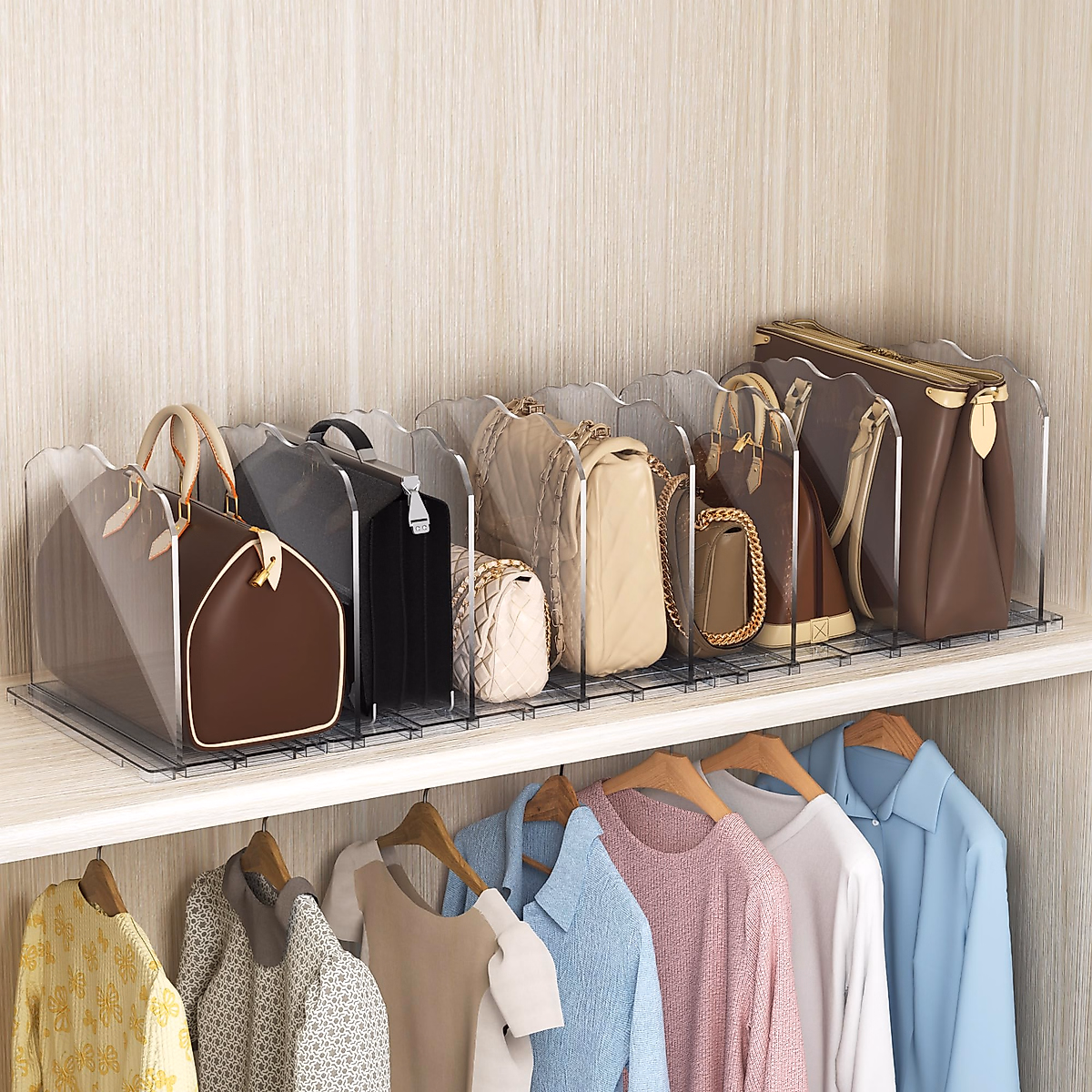 MEKEET Purse Organizer, Acrylic Purse Organizer for Closet, 32 Inch 10 Panels Adjustable Shelf Bag Divider, Clear Wave Detachable Handbag Storage Shelf, Keep Purses Upright