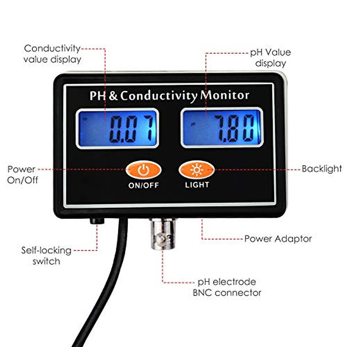 pH/EC Conductivity Meter with ATC Water Quality Tester 0.0-14.0pH / 0~19.99ms/cm Aquarium, Hydroponics Tool