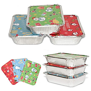 Rocinha 36 PCS Christmas Aluminum Foil Pans with Lids-3 Holiday Print Designs, Aluminum Food Containers Disposable, Christmas Tins for Food, Candy, Cookie Exchange & Party Leftovers, 7.3"x 5.2" x 2"