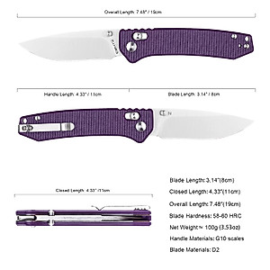 EMHTiii Pocket Folding EDC Knife: 3.14" D2 Steel Satin Sharp Blade, G10 Scales, Crossbar Axis Lock, Reversible Clip, Great Gifts for Men Women Camping Hiking Outdoor, Purple