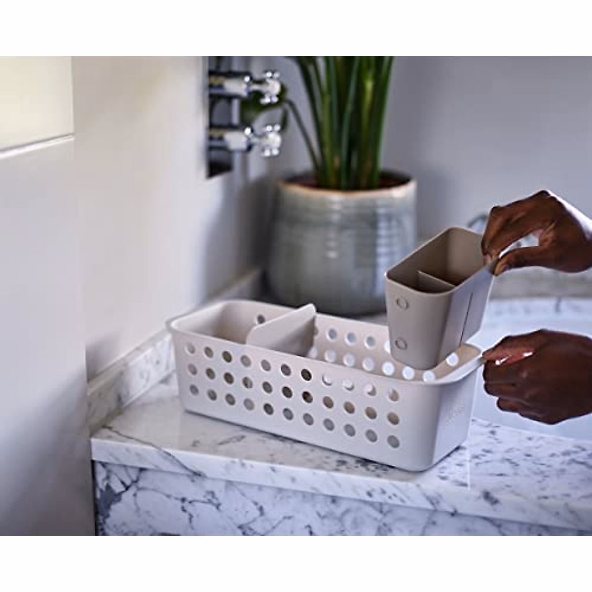 Joseph Joseph EasyStore - Slimline Bathroom essentials Storage Basket Organiser with moveable pot and divider, Ecru
