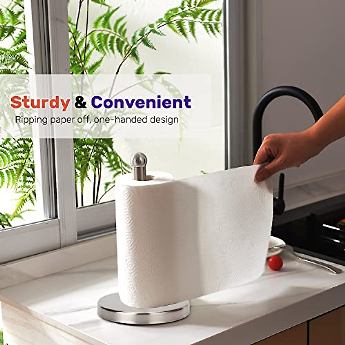 Heavy Weighted Paper Towel Holder, Easy One-Handed Design for Kitchen Stand Paper Towel Dispenser, Sturdy Base for Standard Paper Towel Rolls and Mega Paper Towel Roll (Brushed - Stainless Steel Base)