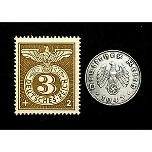 DE 1943 Old WWII German War Ten Rp Coin & RAREST 3pf Brown Stamp World War 2 Artifacts Superb Gem Uncirculated Stamp
