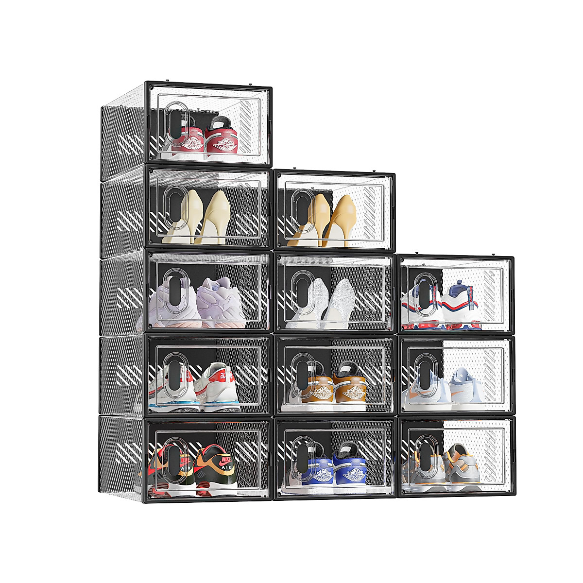 SIMPDIY Shoe Storage, 12 Pack Shoe Organizer for Closet, Shoe Boxes Clear Plastic Stackable Shoe Containers with Lids for Size 10, Black