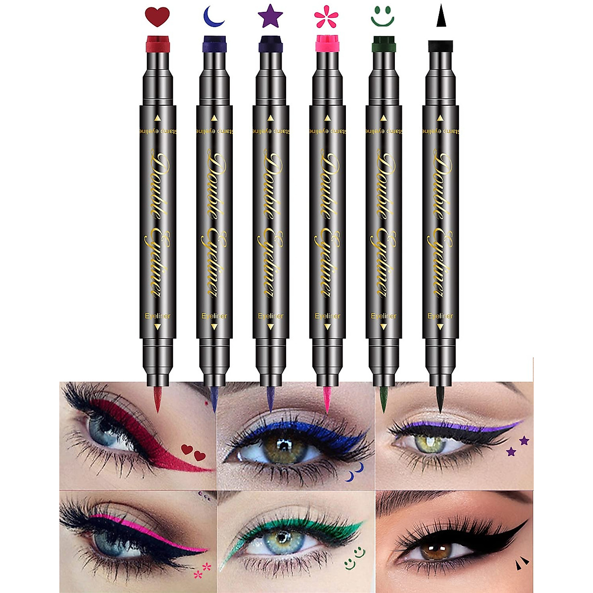 Jutqut 6Pcs Double-head Liquid Stamp Eyeliner, Colored 6 in 1 Stars Flowers Hearts Moon Smiley Face Triangle Stamps Makeup Stamp Set, Waterproof Slim Gel Felt Tip Liquid Eyeliner Colorful Set Wingliner Shapes