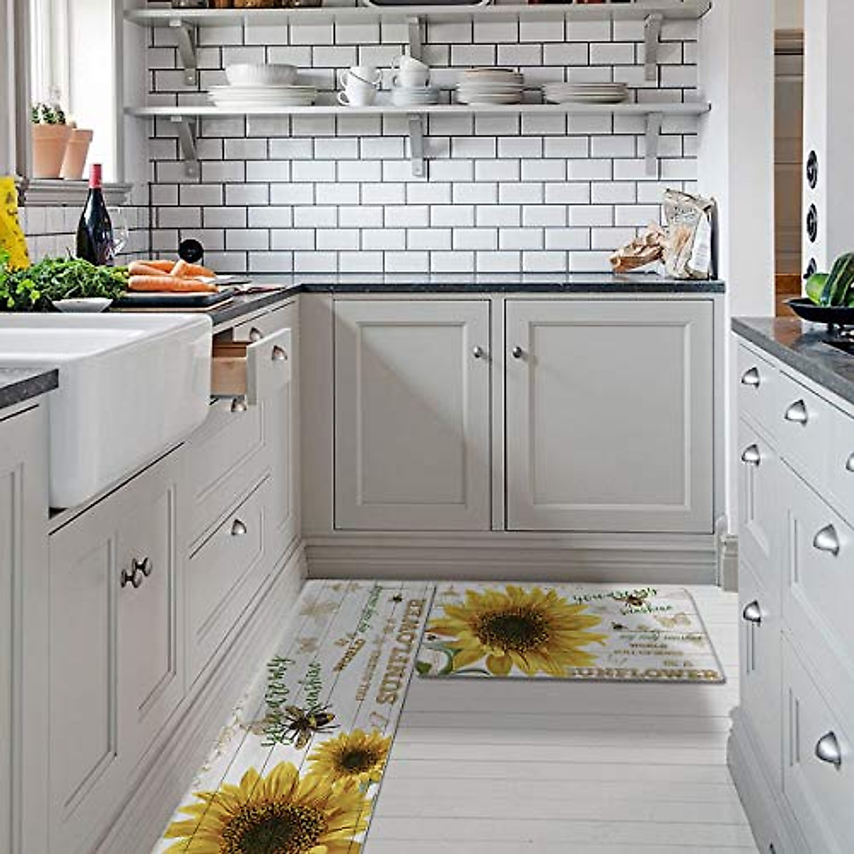 2 Pieces Kitchen Rugs and Mats Set PVC Leather Floor Mat Sunflower You Are My Sunshine My Only Sunshine Bumblebee Butterfly Wooden Board Comfort Floor Mat Rug Waterproof Non-Slip Mat Standing Desk Set