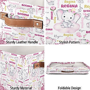 XIOBODR Personalized Storage Bin, Cute Elephant Clouds Text Pink Custom Name Storage Baskets for Organizing with Handles, 13 x 13 Inch Collapsible Storage Box for Closet Cloth Baskes Toy