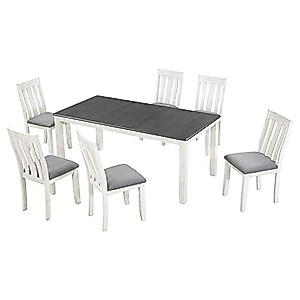 WOZNLA 7-Piece Wooden Extendable Dining Table Set - Retro Style Kitchen Table and 6 Upholstered Chairs - Expandable Design for Flexible Seating - Perfect for Dining Room Gatherings