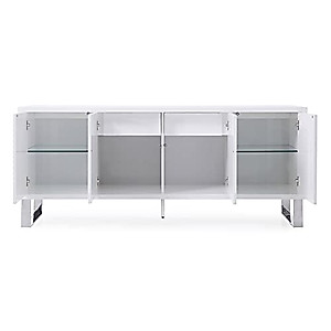 Zuri Furniture Modern Neve Sideboard in White High Gloss Lacquer with Polished Stainless Steel Legs