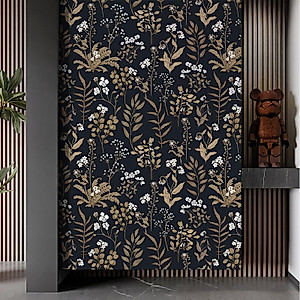 Abyssaly Black and Gold Peel and Stick Wallpaper Vintage, 17.7" x 118" Dark Floral Wallpaper Glod Leaf with White Flower Contact Paper for Wall Furniture Cabinet, Vinyl Self Adhesive Wall Paper