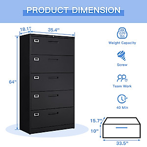 Yizosh 5 Drawer Black File Cabinet with Lock, Filing Cabinet for Home Office, Metal Locking Office File Storage Cabinet with Drawers, Lateral Filing Cabinet Organizer for Letter/Legal/F4/A4