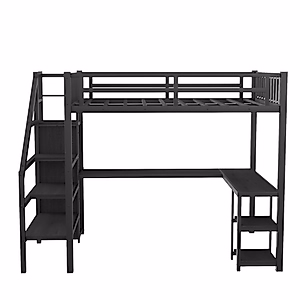 Full Size Loft Bed with Desk and Storage Stairs,Metal Full Loft Bed Frame with Wardrobe and Shelf, High Loft Bed with LED Light and USB Charging Station for Kids, Teens, Adults, Black