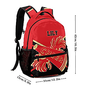 BigBigift Custom Cheer Red Black Cheerleaders Waterproof Backpack Bookbag with Name for Birthday Holiday Gift, 12.2(L)x5.9(W)x16.5(H)inch