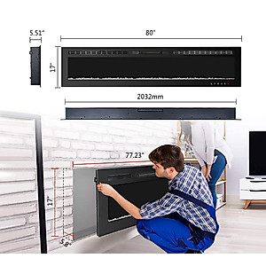 Anpuce 80 inch Ultra-Thin Electric Fireplace Recessed and Wall Mounted with Touch Screen Control Panel/Remote Control- Timer,Realistic 5 Flame - Log & Crystal Hearth Options