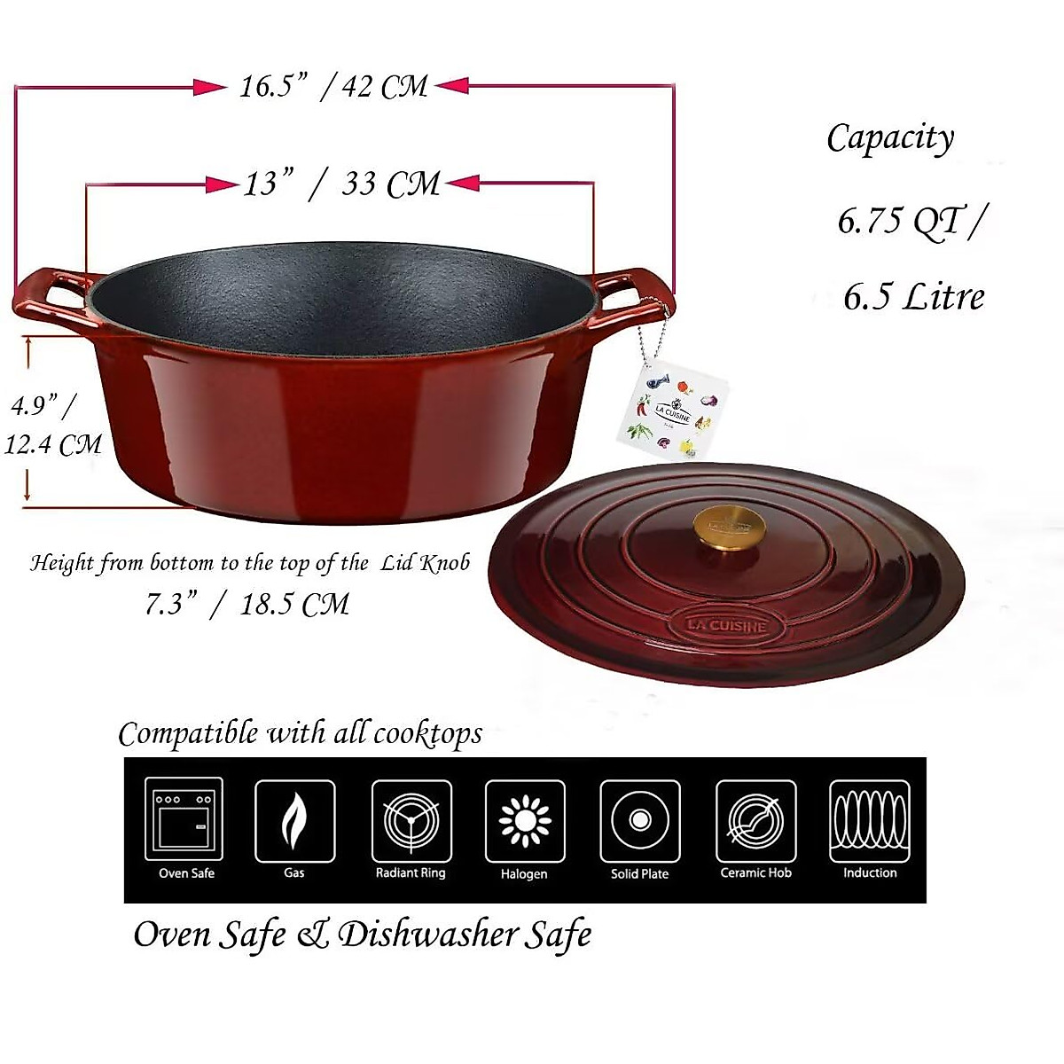 La Cuisine Enameled Cast Iron Oval Dutch Oven Casserole Dish Pot with Lid 6.75 QT Internal Matte Black Enamel Coating for bread baking, Gold-Plated Stainless Steel Lid Handle, Oven Safe up to 500° F. Cranberry