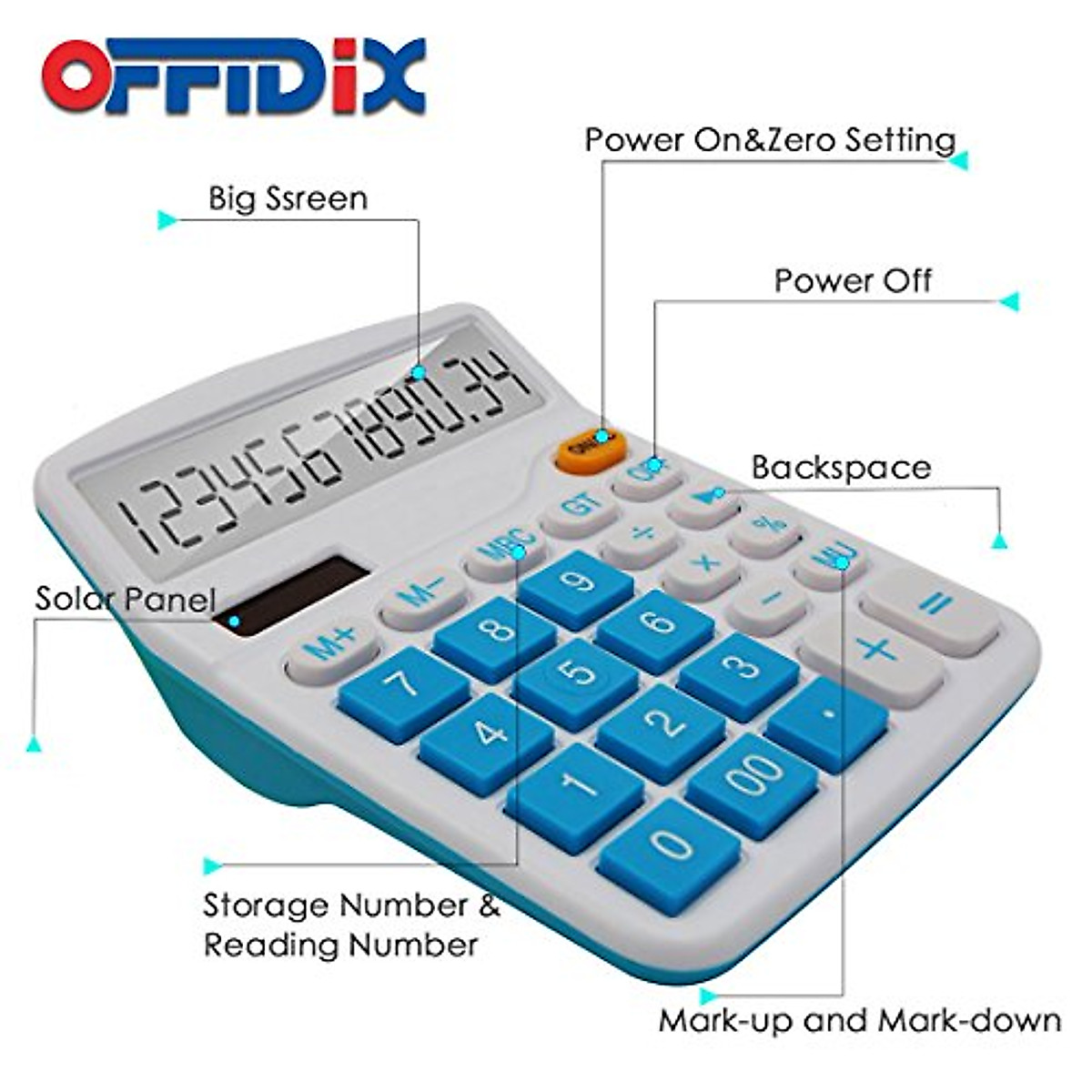 OFFIDIX Office Desktop Calculator, Solar and Battery Dual Power Electronic Calculator Portable 12 Digit Large LCD Display Calculator, Calculators Large Display Blue
