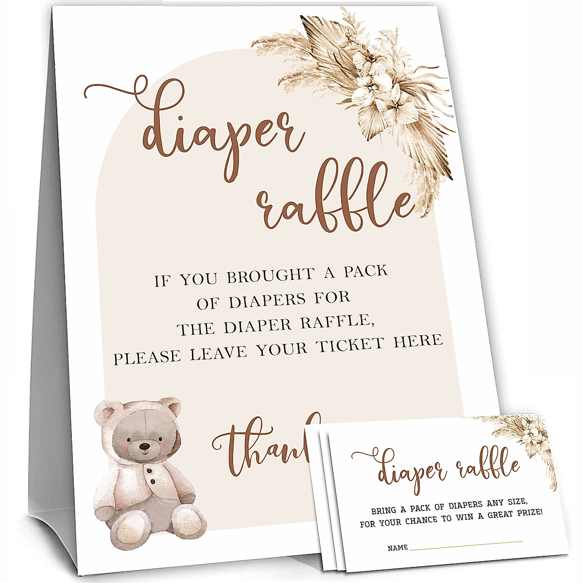 50 Diaper Raffle Tickets and 1 Self-standing Diaper Raffle Sign, Bear Boho Floral Baby Gender Reveal Party Supplies, Gender Neutral Baby Shower Decorations - LBLK-014