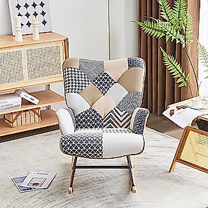 Kosydown Basic Rocking Chair Nursery Glider Rocker Armchair with High Backrest for Living Room Bedroom Offices Upholstered Comfy Colorful Plaid Bohemian Style Chairs Indoor