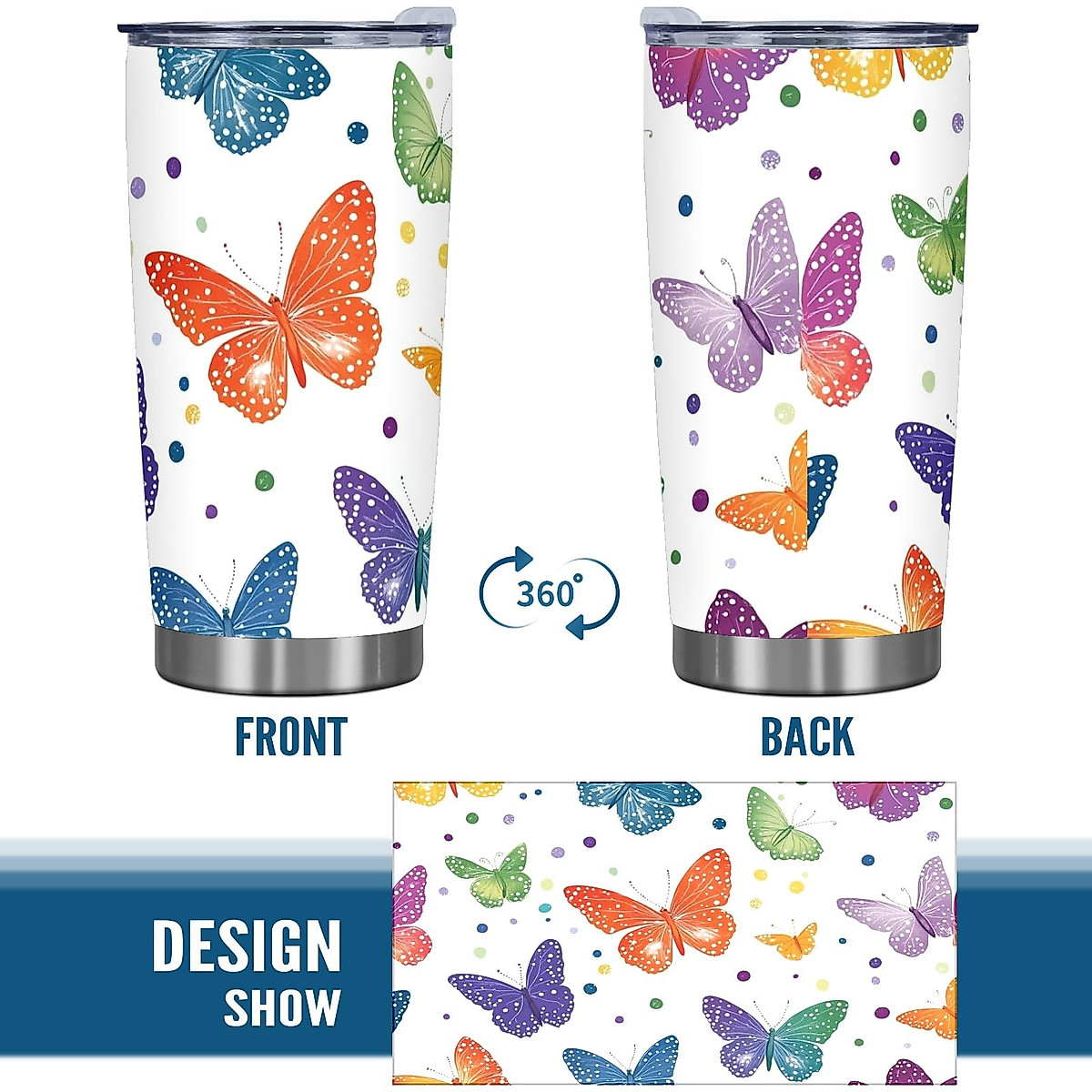 QWEUIOP 20oz Insulated Travel Coffee Mug Retro Butterfly Pattern Stainless Steel Tumbler with Lid Double Wall Vacuum Coffee Cup For Hot and Cold Drinks14029