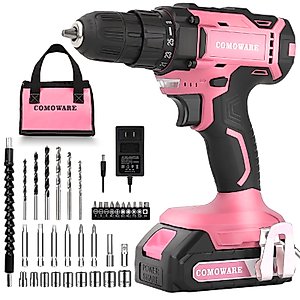 COMOWARE Cordless Drill Set, 20V Power Drill, Pink Drill Set for Women, 1 Battery & Charger, 3/8" Keyless Chuck, 2 Variable Speed, 266 In-lb Torque, 25+1 Position, with Pink Storage Bag