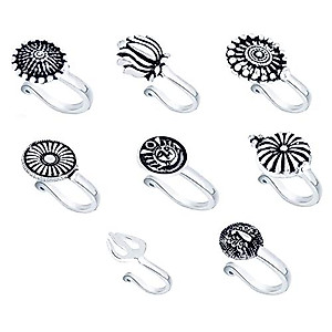 Yellow Chimes Antique Silver Oxidized 8 pcs combo set Ethnic Indian Traditional non-piercing Nose pin Jewelry for Women and Girls