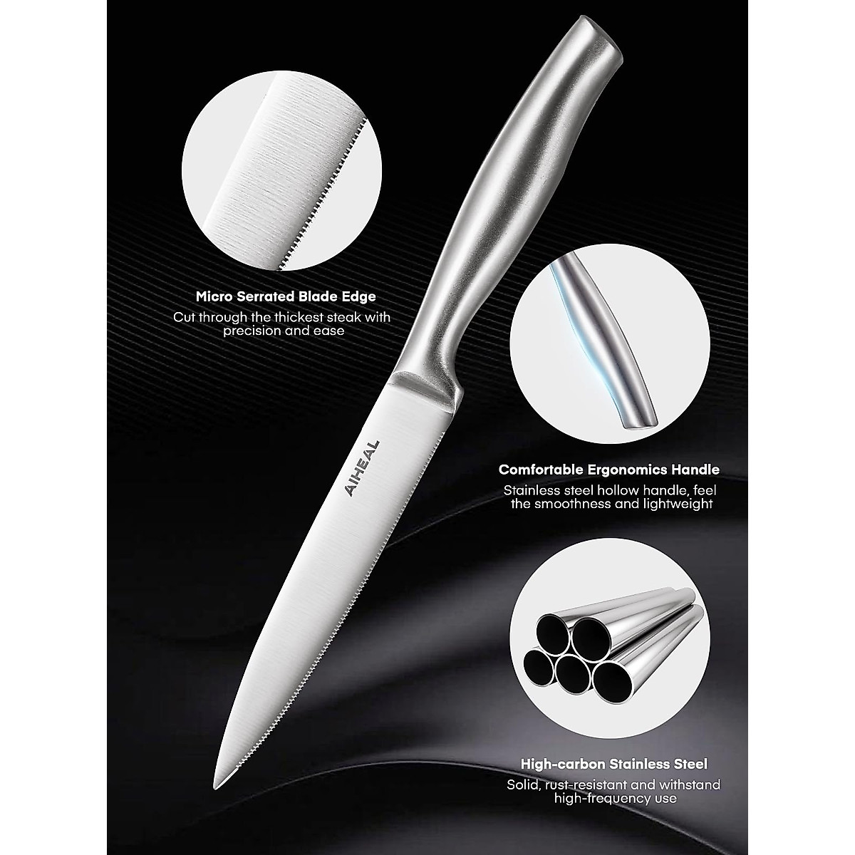 Aiheal Steak Knives, Stainless Steel Steak Knives Set of 12, Never Needs Sharpening Dinner Steak Knife Set, 4.5 Inch Sharp Micro Serrated Steak Knives