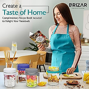 BRIZAR Overnight Oats Containers with Lids Glass - Airtight Overnight Oats Jars & Recipe Book - Overnight Oats Container for Food Storage, Oatmeal, Chia Pudding, Fruit, Yogurt - 4 Pack, 10oz