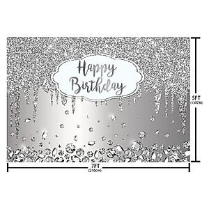 ABLIN 7x5ft Happy Birthday Backdrop Dripping Glitter Crystal Diamond Silver Photo Background Girls Women Bday Party Decorations Cake Table Banner Wall Decor Props